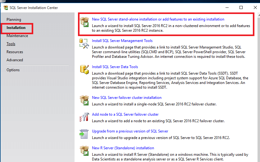 Installing SQL server 2016 - standalone instance - new features