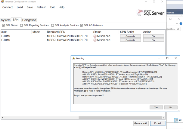 Using Kerberos configuration manager to resolve Microsoft SQL server SPN issues